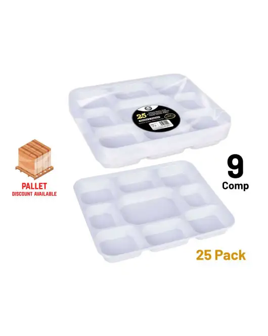 25pc Deluxe Heavy-Duty 9 Compartment Square Plastic Dinner Plates