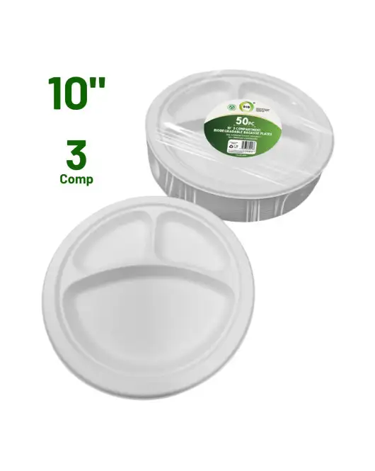 50pc 10" 3 Compartment Biodegradable Bagasse Plates