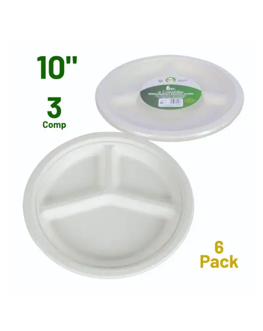 6pc 10" 3 Compartment Biodegradable Bagasse Plates