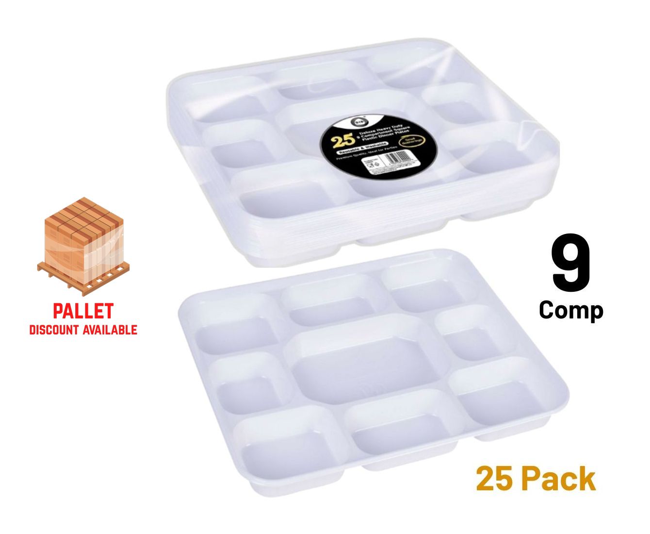 25pc Deluxe Heavy-Duty 9 Compartment Square Plastic Dinner Plates