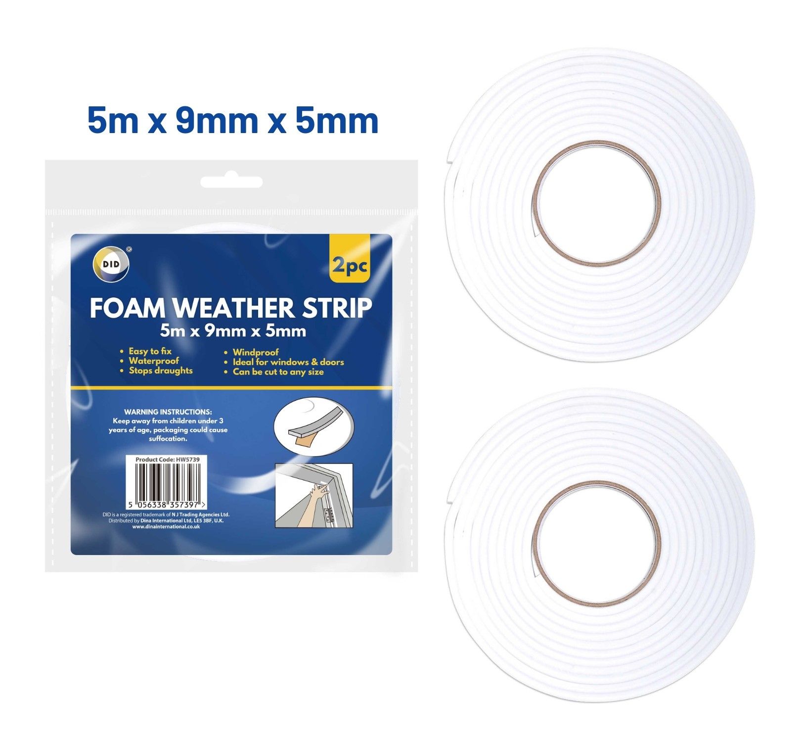 2pc 5m x 9mm x 5mm Foam Weather Strips