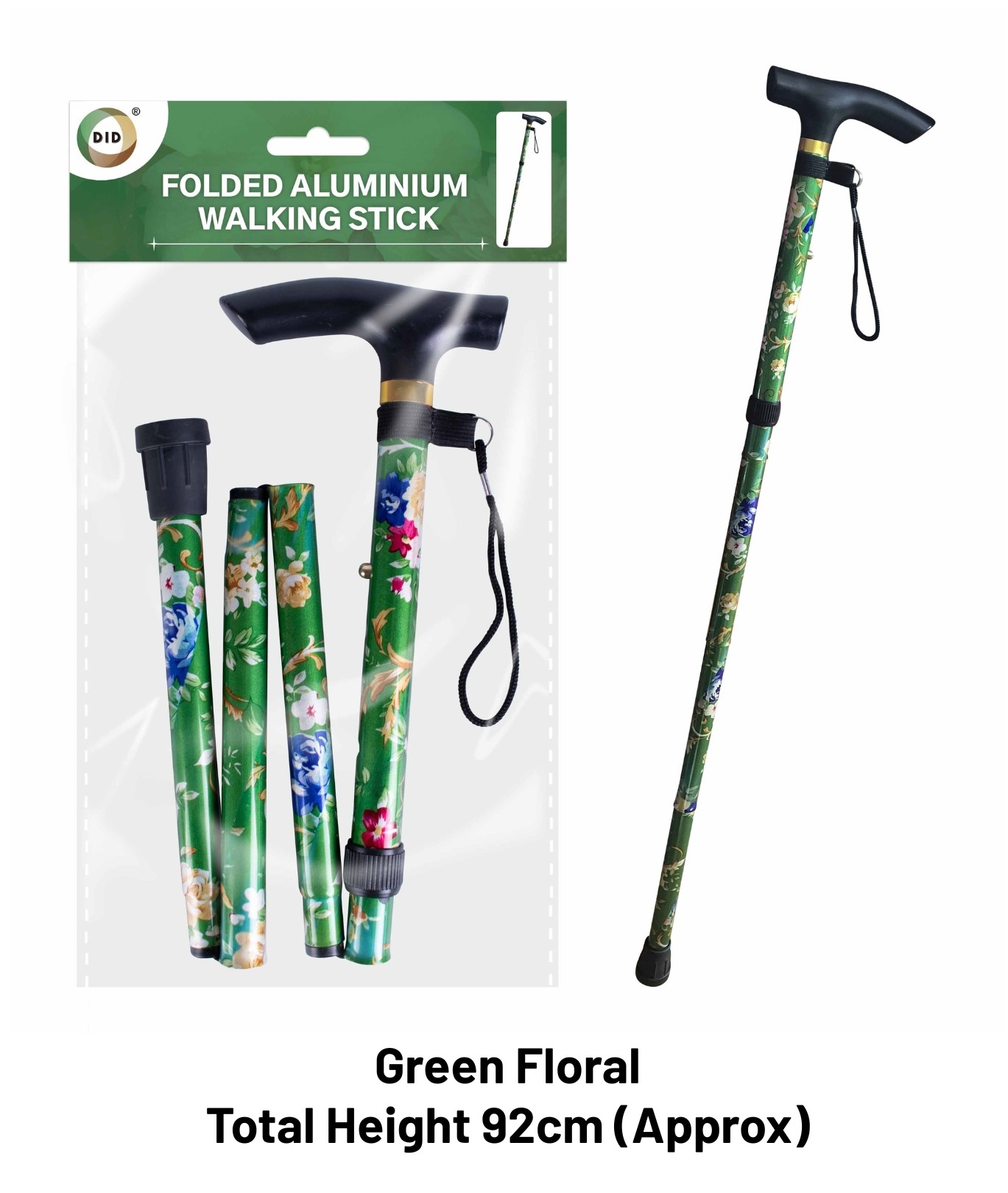 Green Floral Folded Aluminium Walking Stick