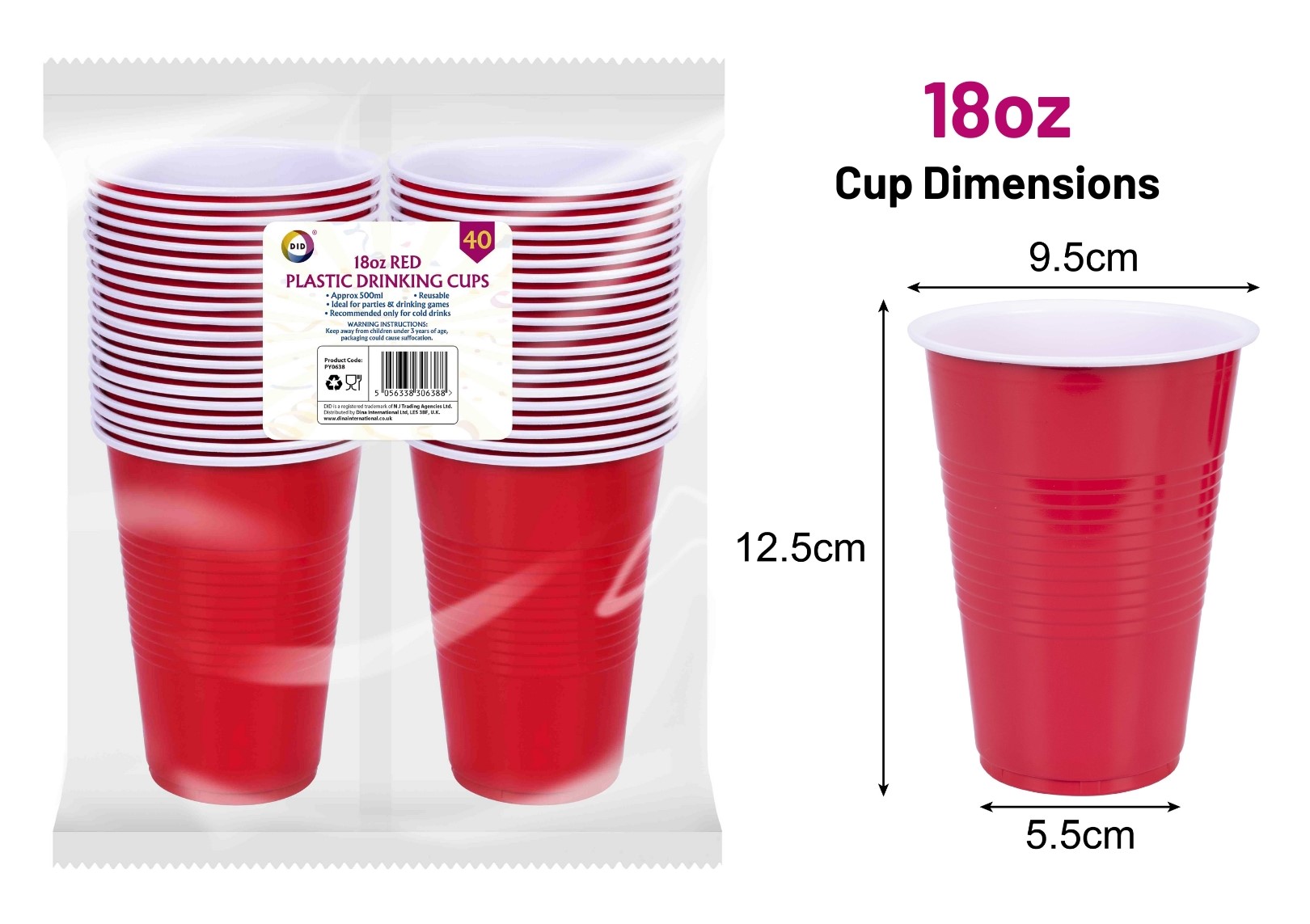 40Pk 18oz Red Plastic Drinking Cups
