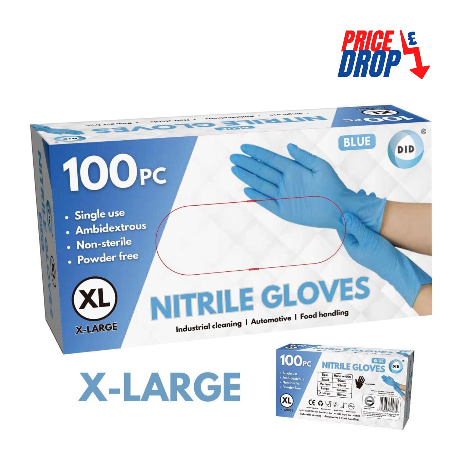 100pc x Large Powder Free Blue Nitrile Gloves
