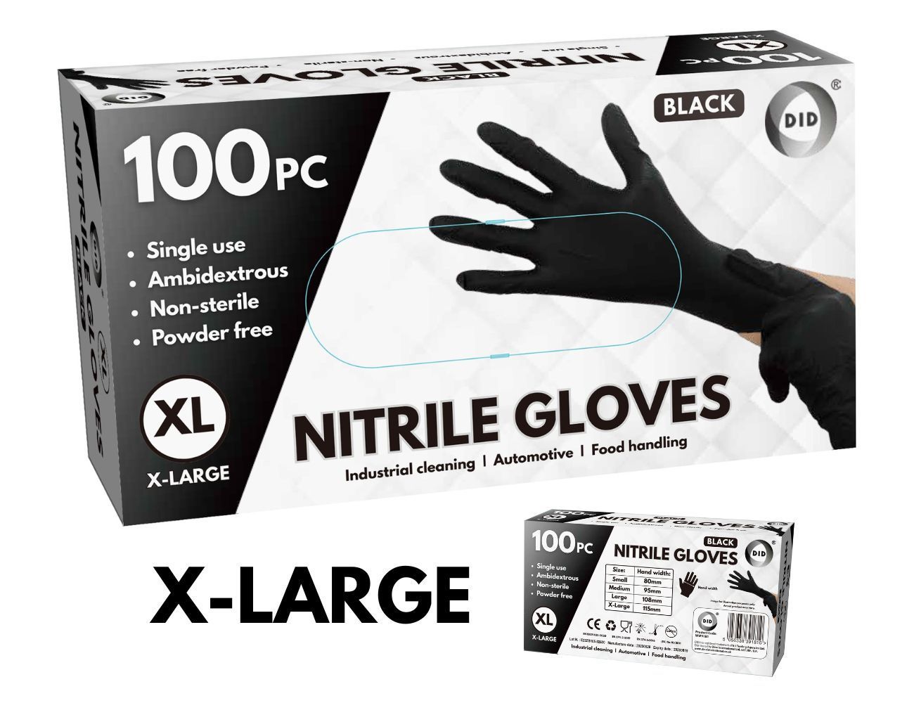100pc x-Large Powder Free Black Nitrile Gloves